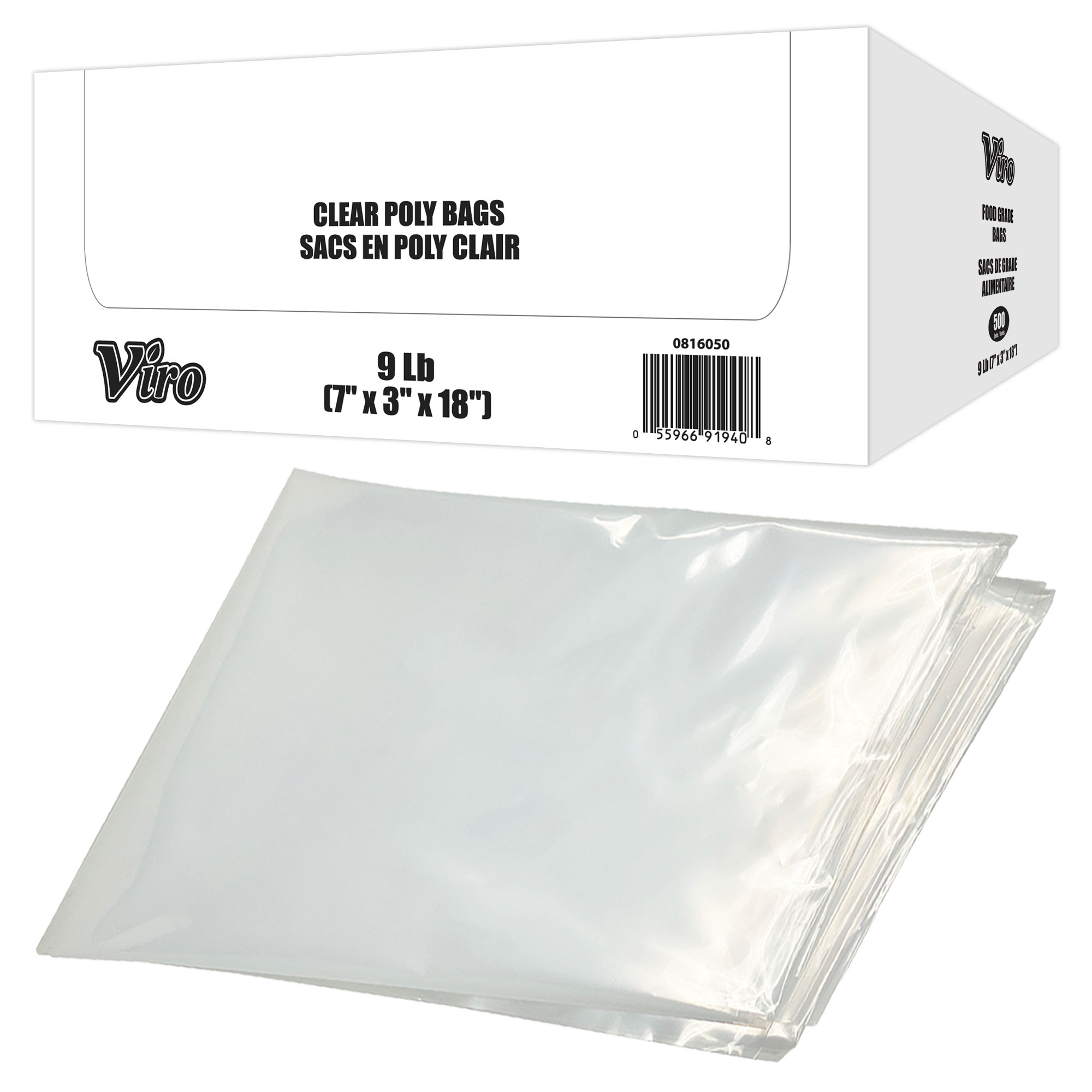 Viro - Clear Poly Food Grade Bags - 7" x 3" x 18" - 9lbs - Dorfin